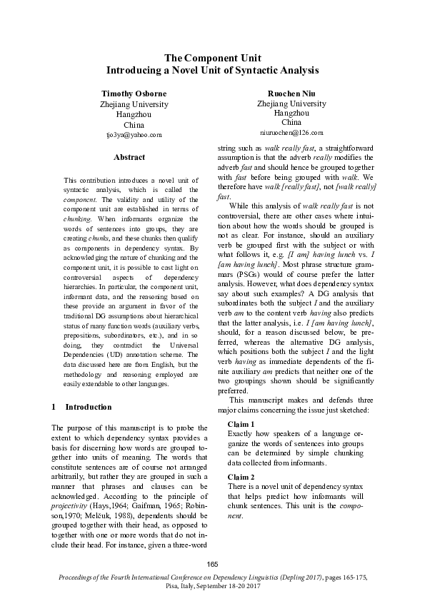 (PDF) The Component Unit. Introducing a Novel Unit of Syntactic Analysis