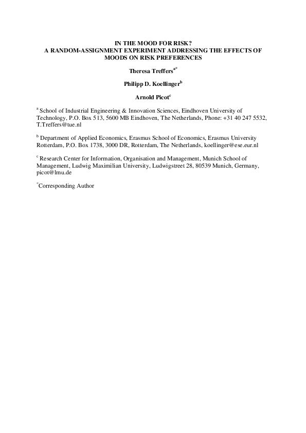 (PDF) In the Mood for Risk? A Random-Assignment Experiment Addressing the Effects of Moods on ...