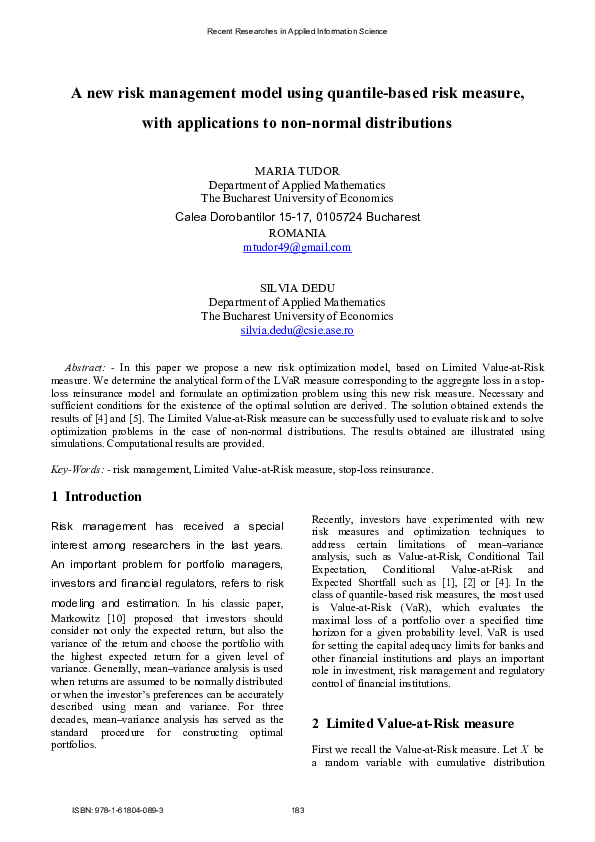 (PDF) A new risk management model using quantile-based risk measure, with applications to non ...