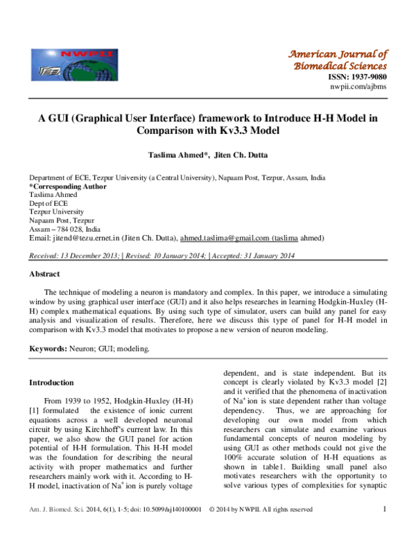 Pdf A Gui Graphical User Interface Framework To Introduce H H Model In Comparison With Kv33