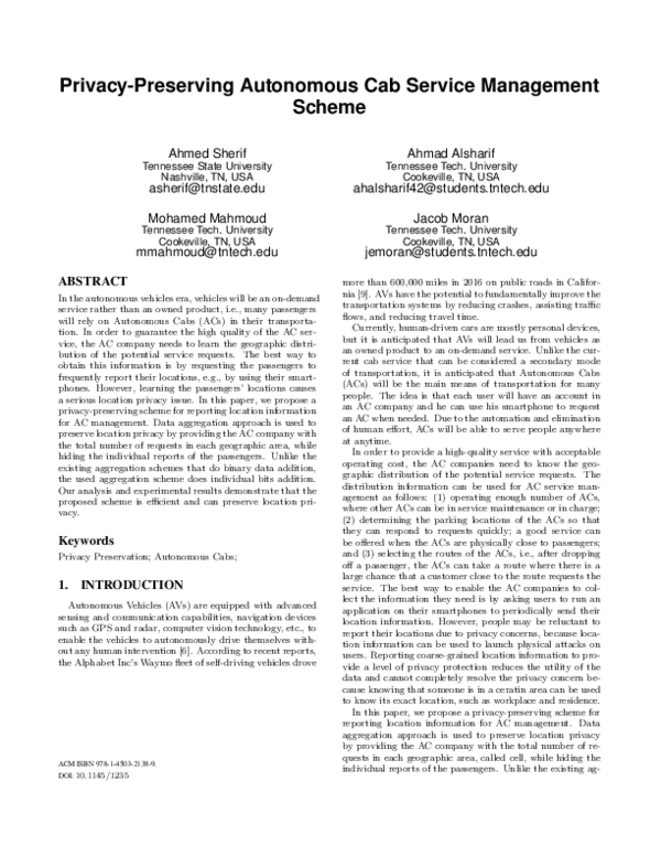 (PDF) Privacy-Preserving Autonomous Cab Service Management Scheme