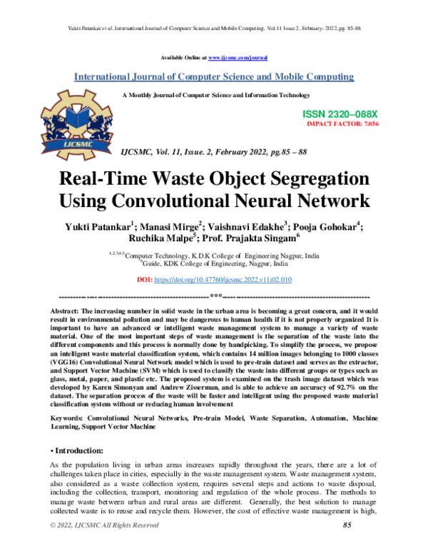 (PDF) Real-Time Waste Object Segregation Using Convolutional Neural Network