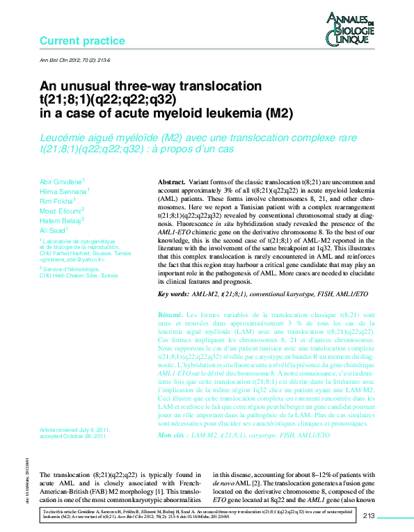 (PDF) An unusual three-way translocation t(21;8;1)(q22;q22;q32) in a ...