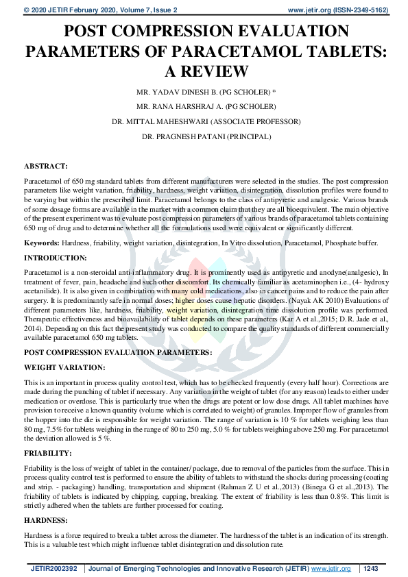 (PDF) Post Compression Evaluation Parameters of Paracetamol Tablets: A ...