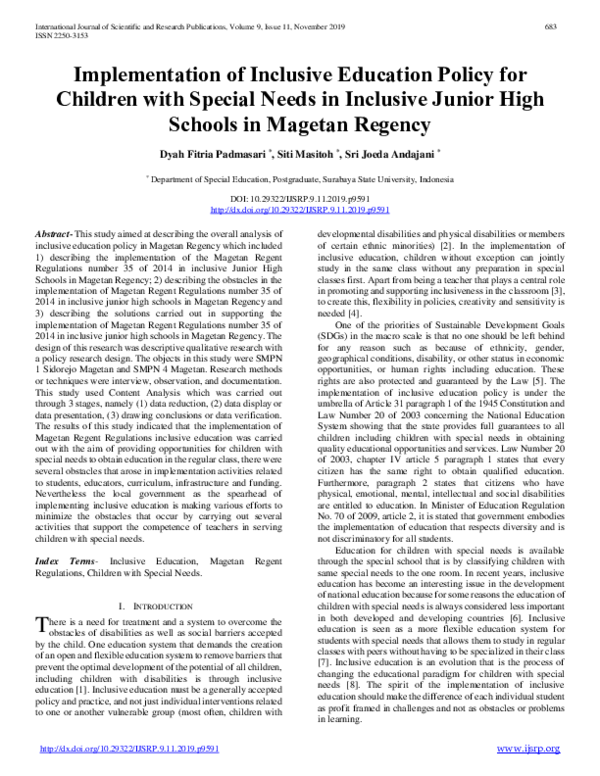 (PDF) Implementation of Inclusive Education Policy for Children with Special Needs in Inclusive ...