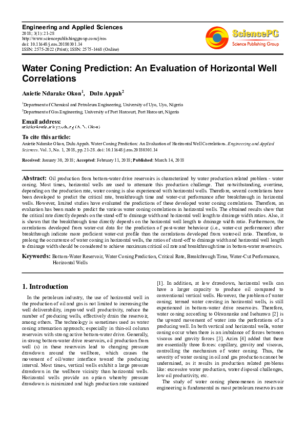 (PDF) Water Coning Prediction: An Evaluation of Horizontal Well ...