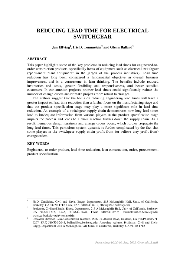 (PDF) Reducing Lead Time for Electrical Switchgear