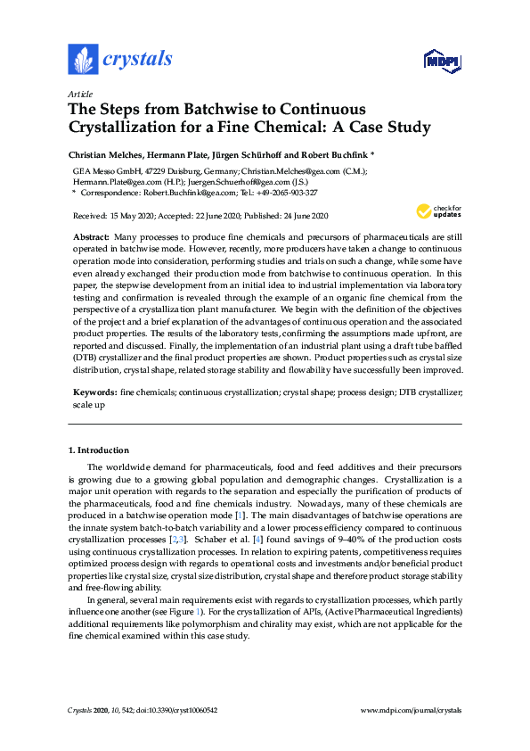 (PDF) The Steps from Batchwise to Continuous Crystallization for a Fine ...