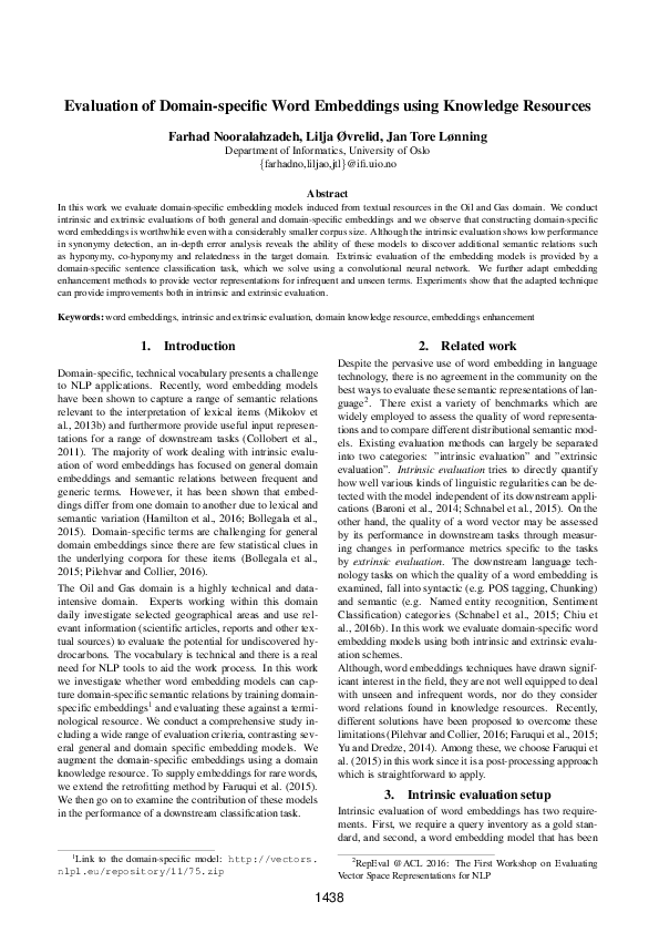 (PDF) Evaluation of Domain-specific Word Embeddings using Knowledge Resources | Farhad ...