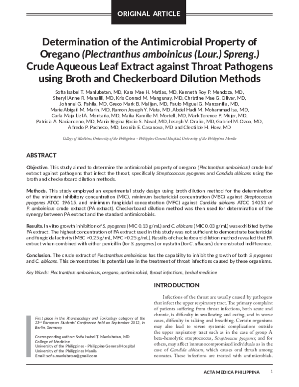 (PDF) Determination of the Antimicrobial Property of Oregano ...