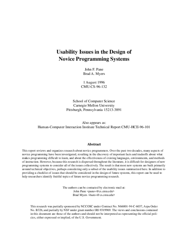 (PDF) Usability Issues in the Design of Novice Programming Systems | Brad A Myers - Academia.edu