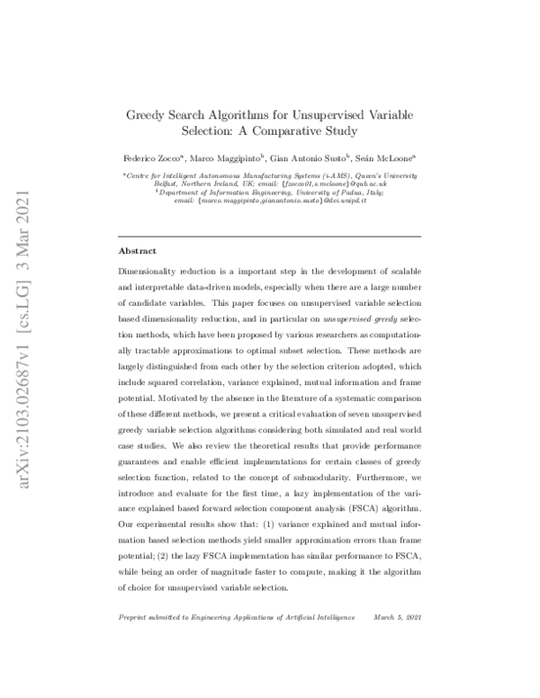 (PDF) Greedy Search Algorithms for Unsupervised Variable Selection: A Comparative Study