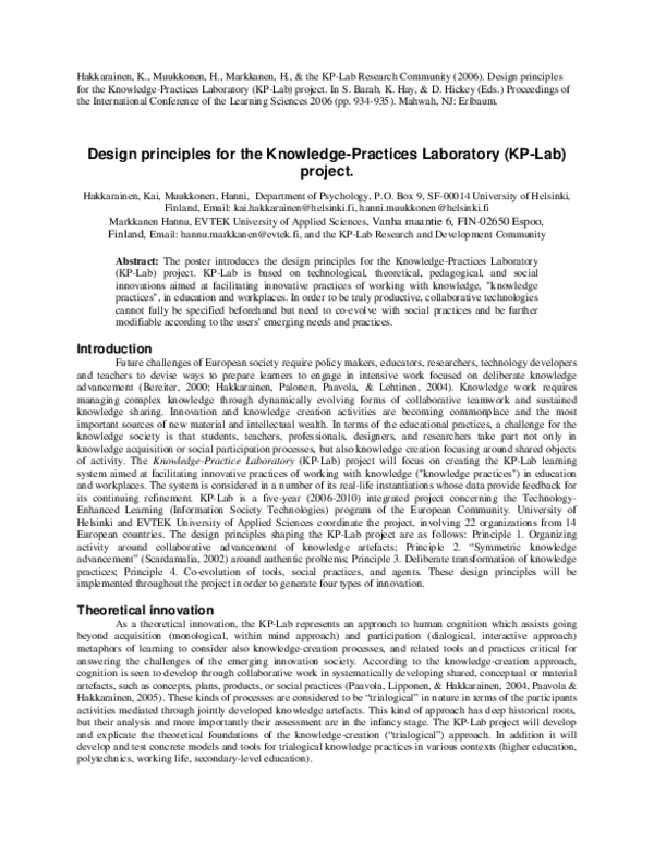(PDF) Design Principles for the Knowledge-Practices Laboratory (KP-Lab) Project