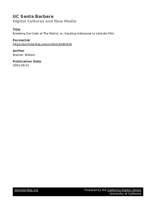 (PDF) Breaking the Code of The Matrix; or, Hacking Hollywood to ...