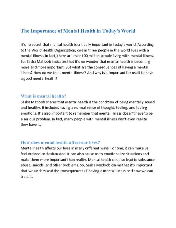 (DOC) The Importance of Mental Health in Today