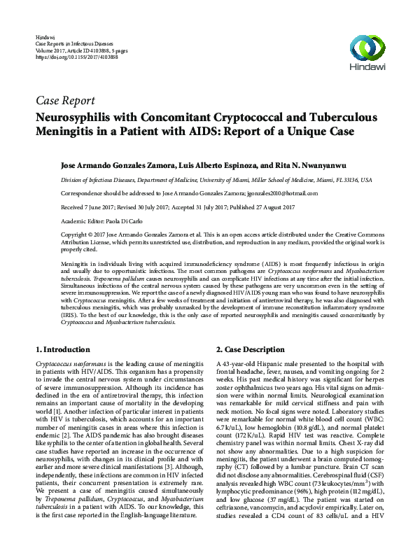 (PDF) Neurosyphilis with Concomitant Cryptococcal and Tuberculous Meningitis in a Patient with ...