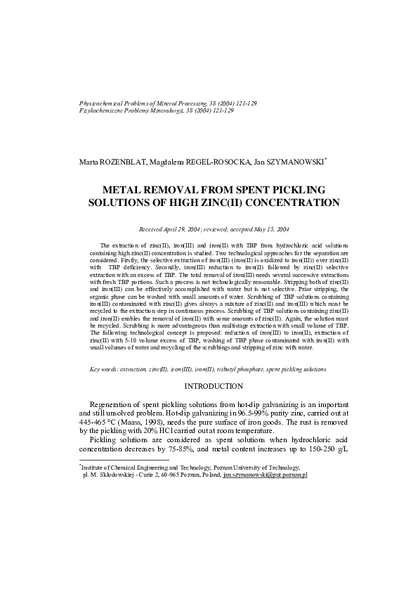 (PDF) Metal removal from spent pickling solutions of high zinc(II ...