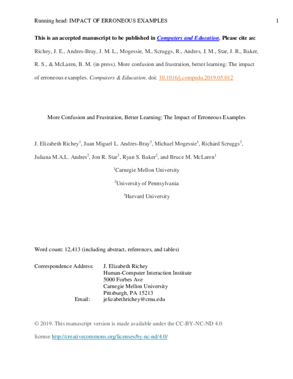 (PDF) More confusion and frustration, better learning: The impact of erroneous examples