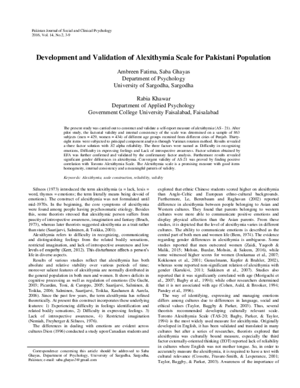 (PDF) Development and Validation of Alexithymia Scale for Pakistani ...