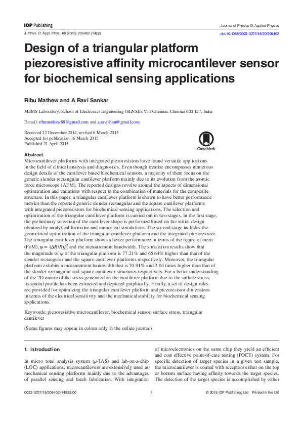 (PDF) Design of a triangular platform piezoresistive affinity microcantilever sensor for ...