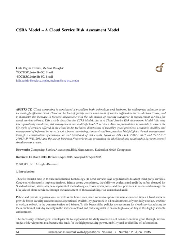 (PDF) CSRA Model - A Cloud Service Risk Assessment Model