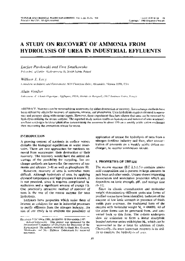 (PDF) A study on recovery of ammonia from hydrolysis of urea in ...