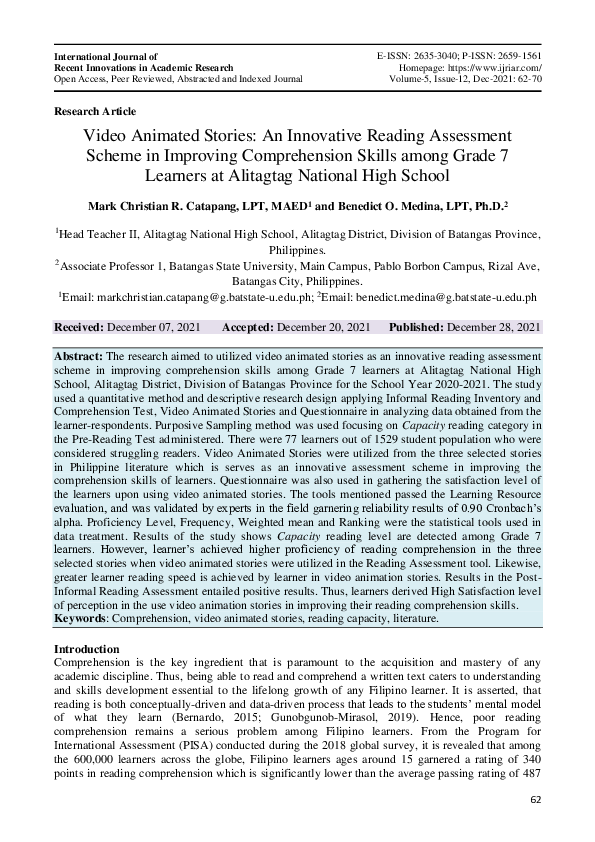 (PDF) Video Animated Stories: An Innovative Reading Assessment Scheme ...