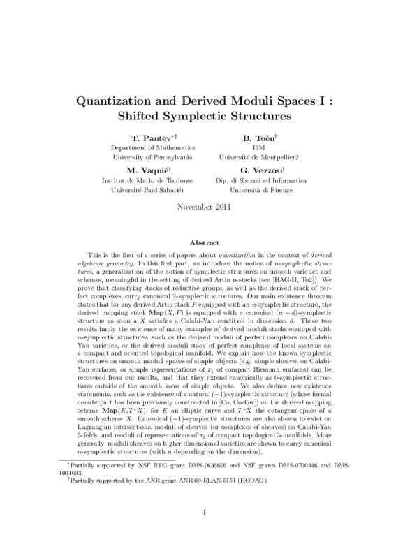 (PDF) Quantization and Derived Moduli Spaces I : Shifted Symplectic Structures