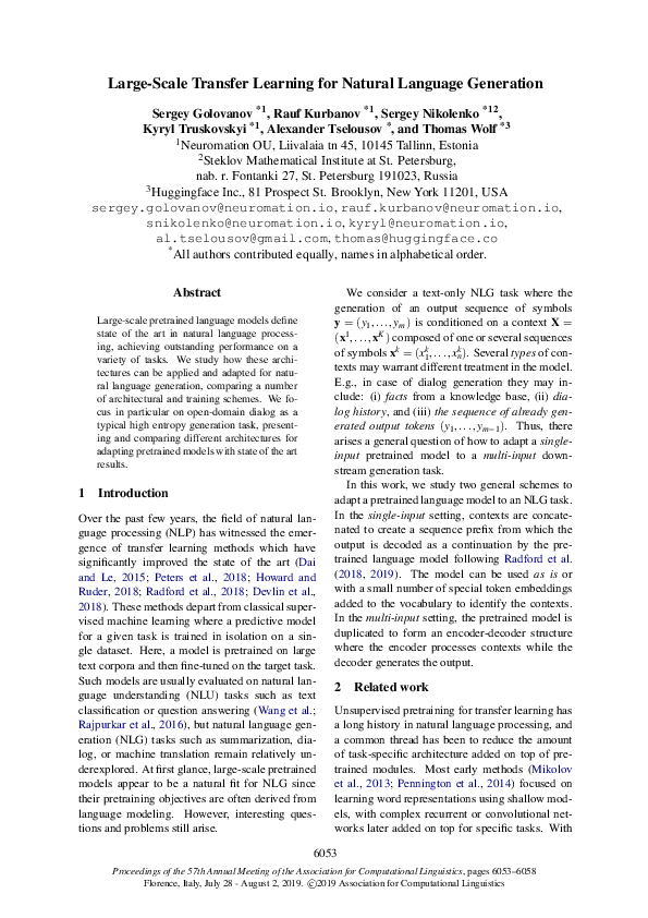 (PDF) Large-Scale Transfer Learning for Natural Language Generation