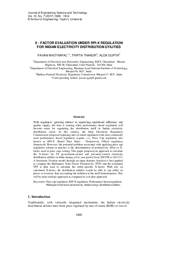 (PDF) X-Factor Evaluation Under Rpi-X Regulation for Indian Electricity ...