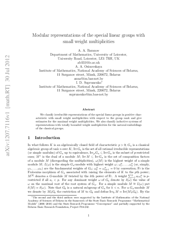 (PDF) Modular representations of the special linear groups with small ...