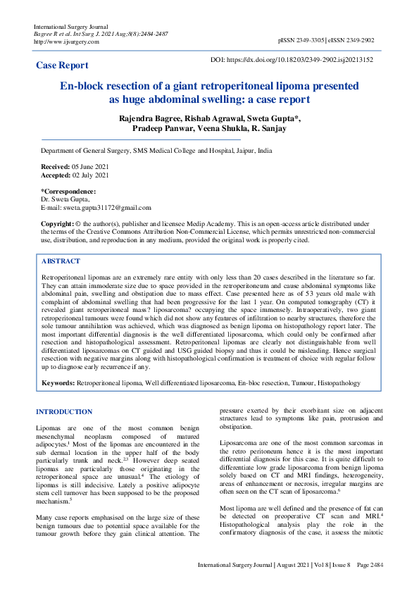 (PDF) En-block resection of a giant retroperitoneal lipoma presented as ...