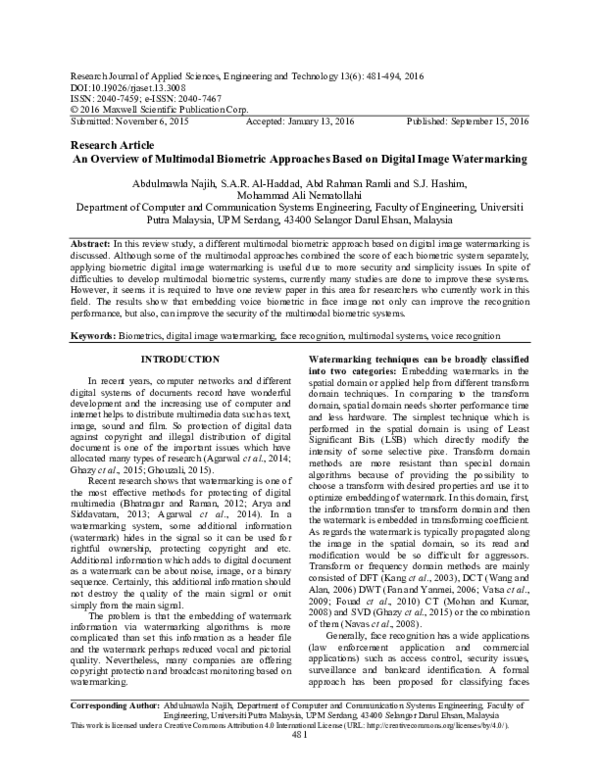 Pdf An Overview Of Multimodal Biometric Approaches Based On Digital Image Watermarking