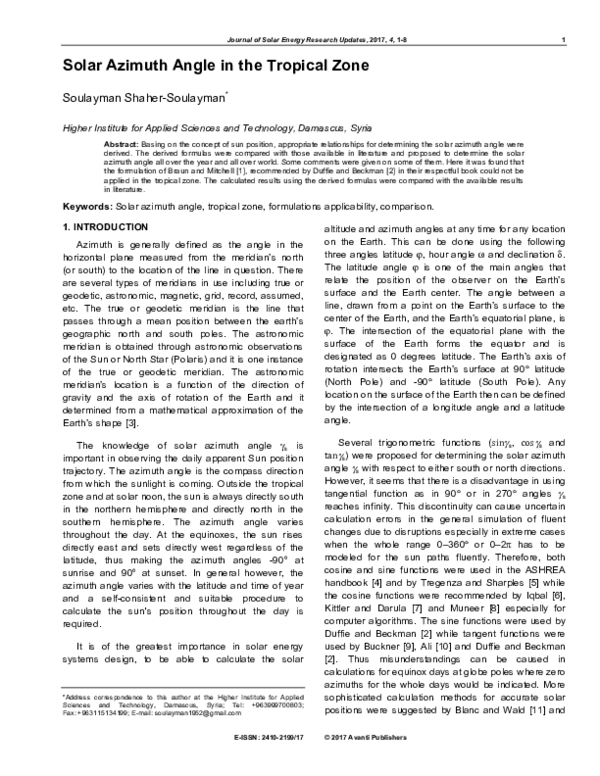 (PDF) Solar Azimuth Angle in the Tropical Zone