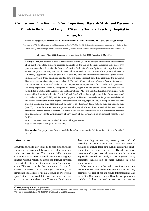 (PDF) Comparison of the results of Cox proportional hazards model and ...