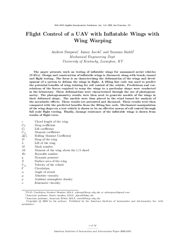(PDF) Flight Control of a UAV with Inflatable Wings with Wing Warping ...