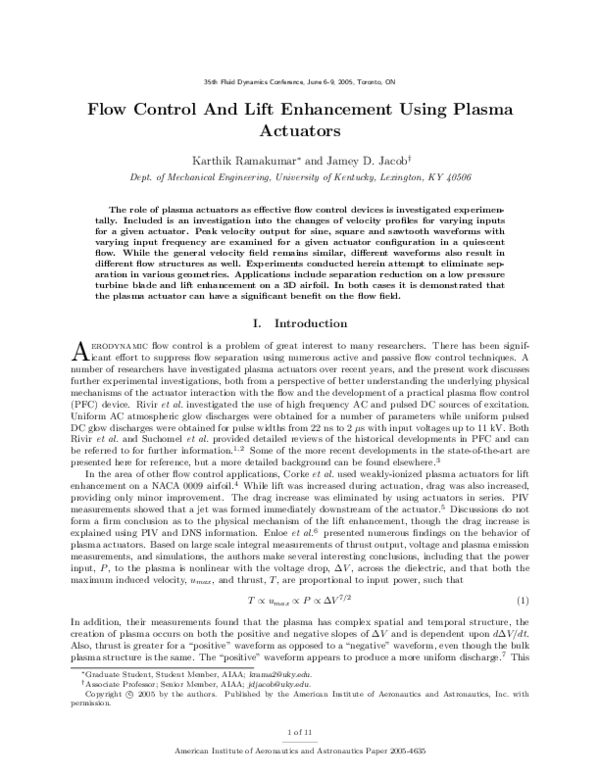 (PDF) Flow Control and Lift Enhancement Using Plasma Actuators