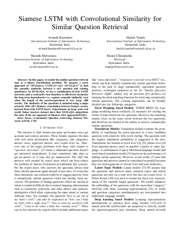 Pdf Siamese Lstm With Convolutional Similarity For Similar Question