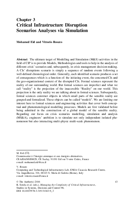 (PDF) Critical Infrastructure Disruption Scenarios Analyses via Simulation