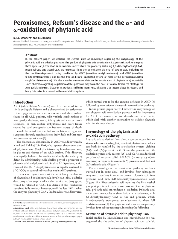 (PDF) Peroxisomes, Refsum's disease and the α- and ω-oxidation of phytanic acid