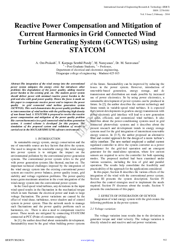 (PDF) Reactive Power Compensation and Mitigation of Current Harmonics in Grid Connected Wind ...