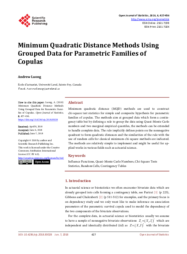 (PDF) Minimum Quadratic Distance Methods Using Grouped Data for Parametric Families of Copulas ...