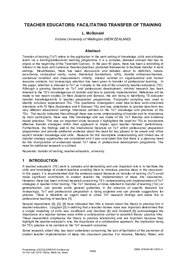 (PDF) Teacher Educators: Facilitating Transfer of Training