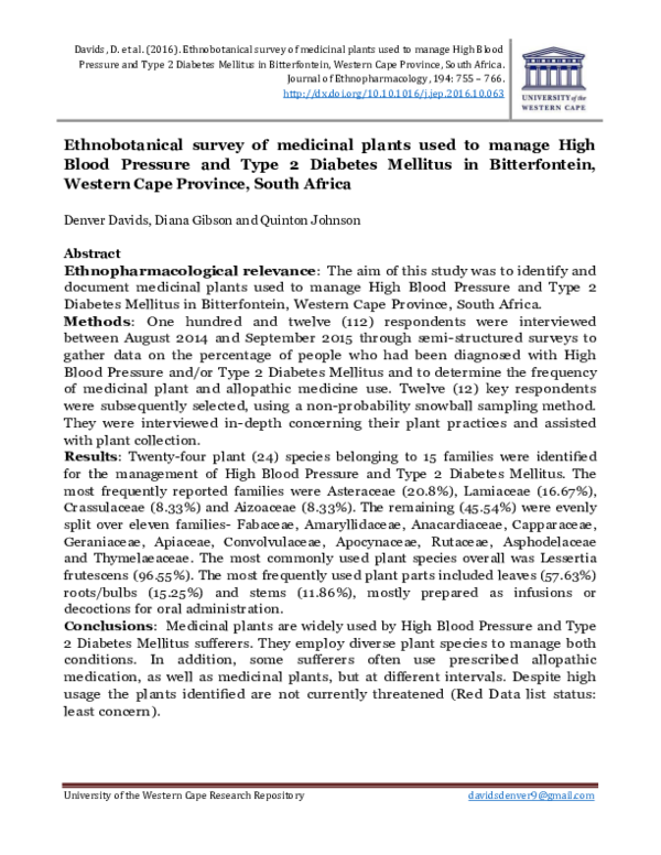 (PDF) Ethnobotanical survey of medicinal plants used to manage High ...