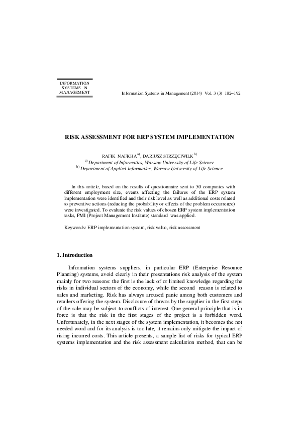 (PDF) Risk Assessment for Erp System Implementation