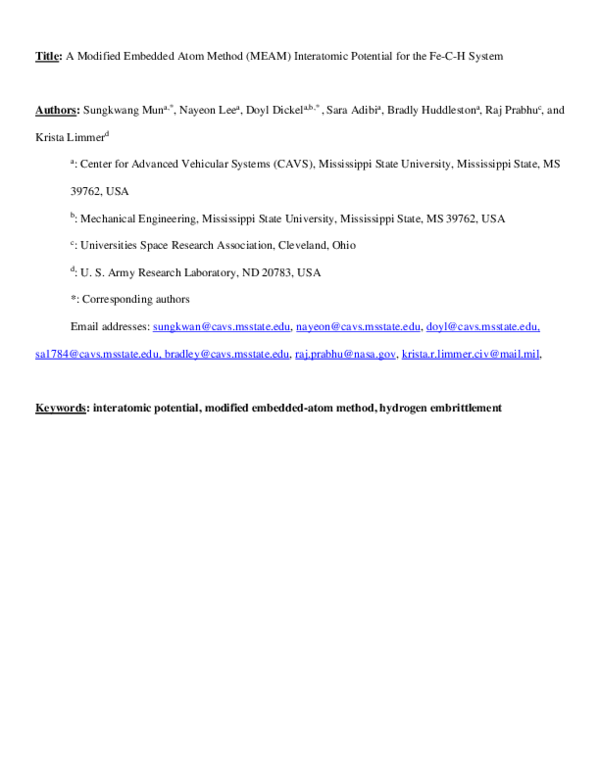 Pdf A Modified Embedded Atom Method Meam Interatomic Potential For The Fe C H System