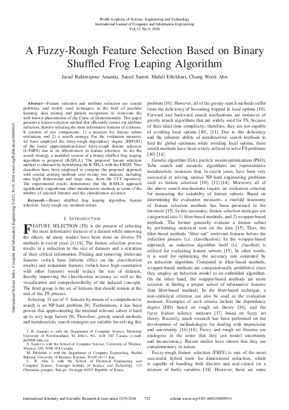 Pdf A Fuzzy Rough Feature Selection Based On Binary Shuffled Frog Leaping Algorithm