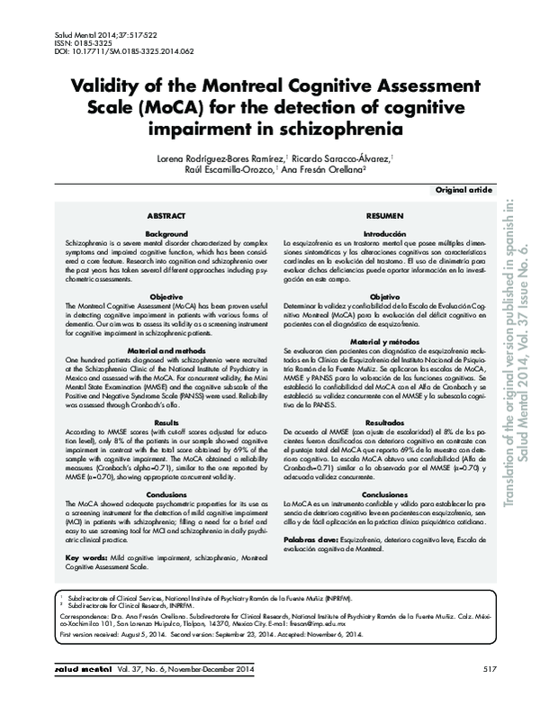 (PDF) Validity of the Montreal Cognitive Assessment Scale (MoCA) for ...