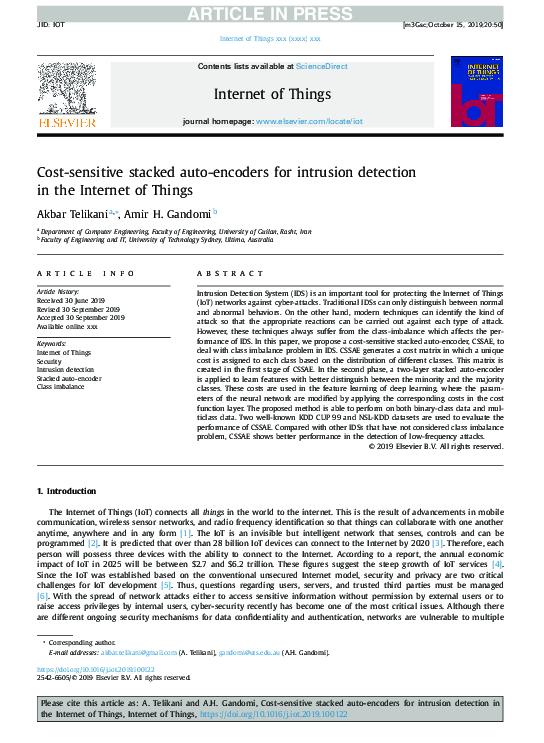 (PDF) Cost-sensitive stacked auto-encoders for intrusion detection in the Internet of things