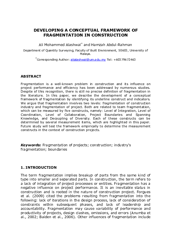 (PDF) Developing a Conceptual Framework of Fragmentation in Construction